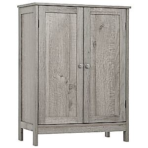 Iwell Storage Cabinet, Floor Storage Cabinet with 2 Adjustable Shelves & 2 Doors, Wooden Shoe Cabinet for Entryway, Office, Living Room, Gray