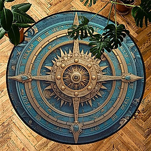 Blue Compass Rose Round Rug 5ft, Round Area Rug Ocean Nautical Non-Slip Circle Rug Indoor Floor Mat Carpet for Bedroom Living Room Kitchen Decor, 5' x 5' Round