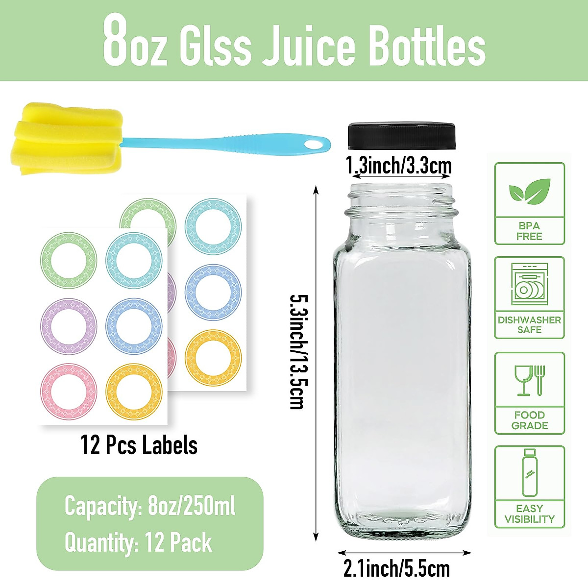 NEWMIAO 12 pack 8 oz Glass Juice Bottles with Lids, Reusable Glass Drink Bottles, 250 ml Juice Containers Drinking Jars with Brush, Water Bottles for Milk, Juicing, Kombucha, Ginger