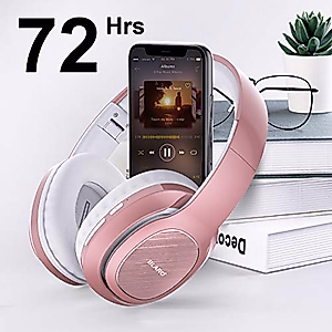 BLARO Bluetooth Headphones Over Ear, Hi-Fi Deep Bass Wireless and Wired Headsets, 72 Hours Playtime, Soft Memory Protein Earmuffs, Foldable Headphones with CVC6.0 Mic-Rose Gold