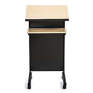 Audio-Visual Direct Wheeled Lectern - Standing Desk with Storage Shelf - Beech/Black - Ideal for Presentations and Laptop Use