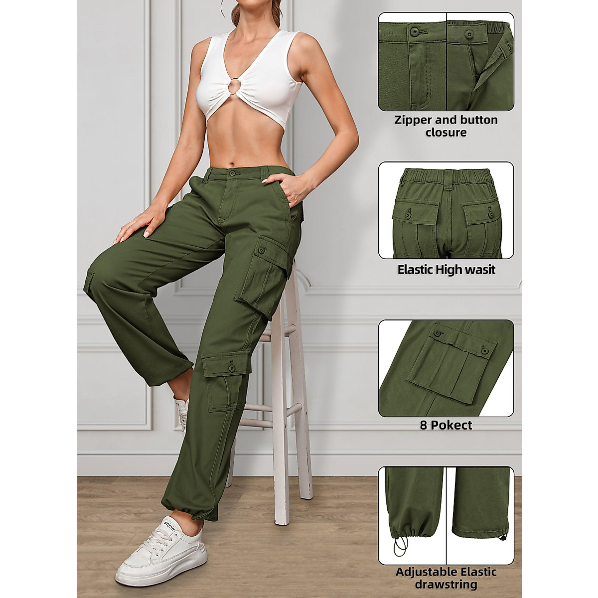 ZMPSIISA Women Pants High Waisted Cargo Pants Combat Military Wide Leg Casual Trousers 8 Pockets(Green,Medium)