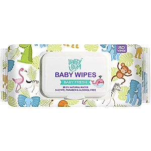 Baby Wipes - HAPPY BUM Sensitive Water Baby Diaper Wipes, Hypoallergenic, Unscented, 4 Flip-top packs (320 Wipes Total)