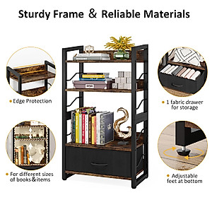 Hosfais Small Bookshelf with Drawer: 4-Tier Wood Book Shelf Industrial Narrow Bookcase Storage Organizer Metal Stackable Shelves for Desktop Bedroom Living Room Home Office (Rustic Brown)
