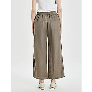 IXIMO Women's 100% Linen Pants Elastic Pleated Wide Leg Straight Fit Palazzo Pants Capri Style_ Dark Khaki XL