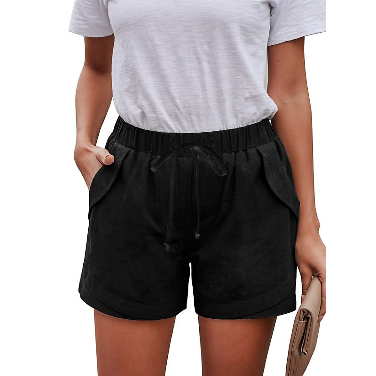 Dokotoo Womens Ladies Beach Casual Solid Drawstring Elastic Waist Loose Comfy Cotton Linen Shorts with Pocket Linen Shorts Pants Black X-Large