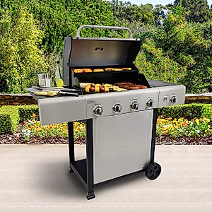 Kenmore 4-Burner Gas Grill with Side Burner, Outdoor BBQ Grill, Propane Gas Grill, Cast Iron Cooking Grates, Electronic Ignition, Warming Rack, Open Cart Design, 53000 BTUs, Stainless Steel