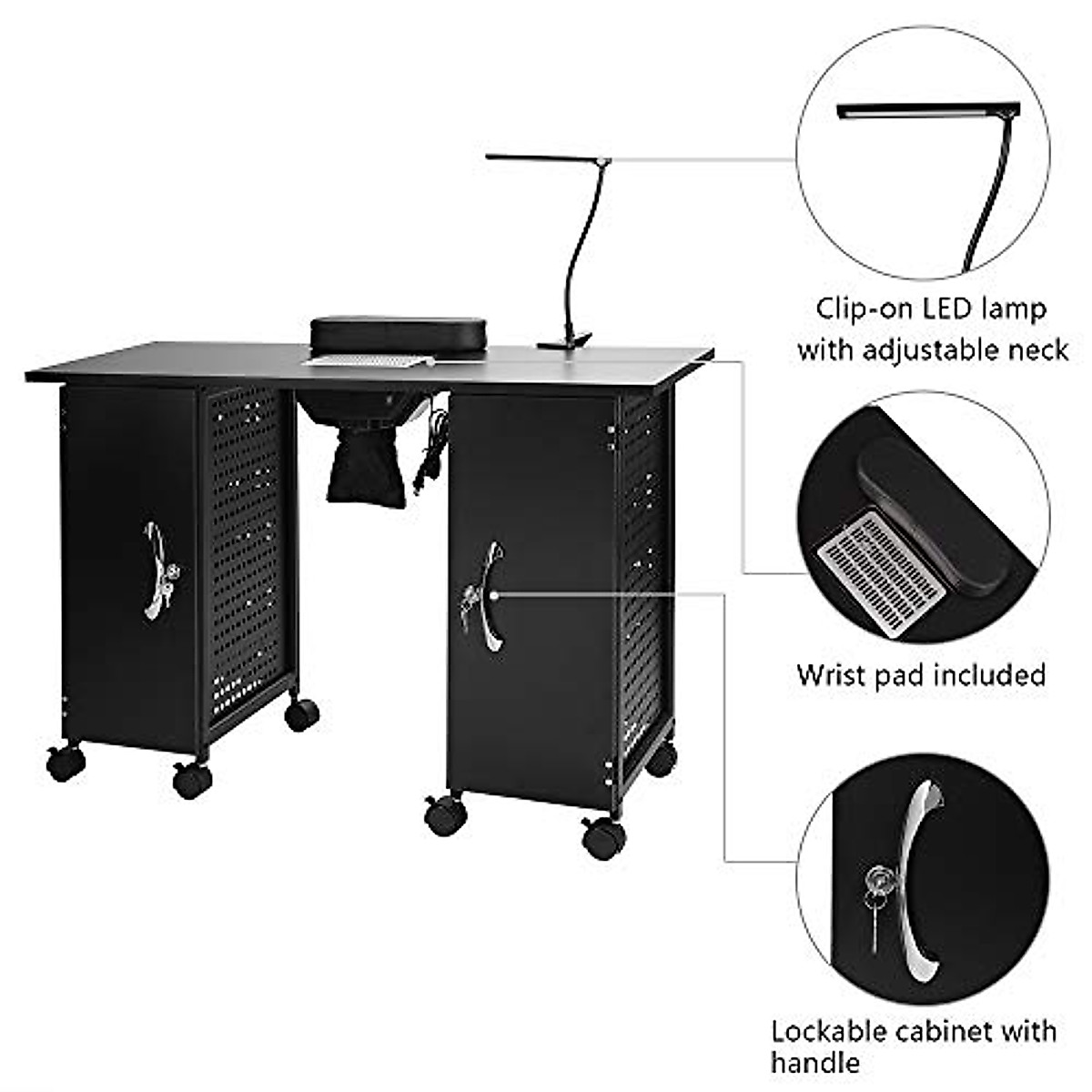 mefeir Manicure Table Nail Desk w/Electric Downdraft Vent,Iron Frame Beauty Spa Salon Workstation w/Wrist Rest,Lockable Cabinets,Casters & Clip-On LED Lamp,Black(43.3''L x 16.9''W x 29.5''H)