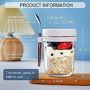 Overnight Oats Containers with Lids 2, 10oz Wide Mason Jars with Spoon - Great for on-the-go cereal containers - Very convenient for use on the go, Sealed glass jars are ideal for home, office or on-the-go (White)