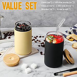 Glass Cups with Lids and Straws 2 pcs, Glass Cups with Silicone Protective Sleeve-16 oz Iced Coffee Cups with Lids，Glass Coffee Cups for Beer, Tea, Gift Giving