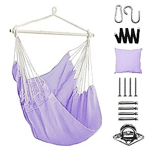Dekool Hammock Chair Hanging Rope Swing, Detachable Steel Support Bar, Max 330 Lbs, Soft Durable Cotton Canvas, 1 Cushion & Hanging Hardware Included, for Indoor Outdoor, Purple