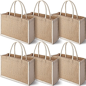 Nuogo 6 Pcs Burlap Gift Bags Jute Tote Bags with Handle Large Reusable Jute Canvas Gift Favors Bag for Christmas DIY Women Market Grocery Shopping, Beach Trip, Mother Bridesmaid Wedding