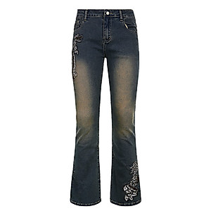 HOXIJIA Women High Waisted Wide Leg Denim Pants Y2K Patterned Baggy Flared Hem Jeans Stretch Bell Bottom Trousers (Blue-E, M)