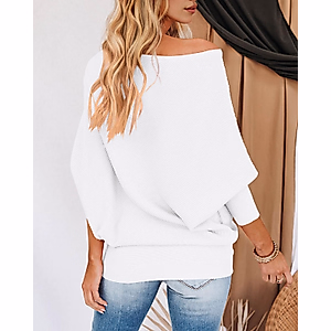Zenlonr Women's Fall Sweaters 2025 Casual Long Batwing Sleeve Loose Off Shoulder Knit Pullovers Jumper Tops(White,Medium)