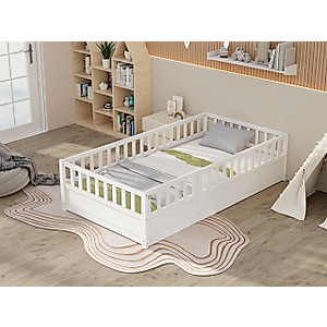 ECKF Twin Size Montessori Floor Bed with High Fence, Door and Slats, Wood Kids Bed Twin Size, Floor-Bed-Frame for Bedroom, Toddlers, Boys Girls, Kids Playroom (White, Twin)