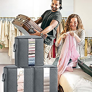 3 Pieces 90L Blanket Storage Clothing Storage Bag Foldable Non-Woven Bag Reinforced Transparent Window Moisture-Proof And Waterproof Reinforced Handle Double-Stitched Zipper Gray