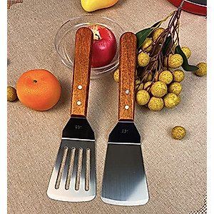 KLAQQED 2Pcs Metal Spatulas Set, Metal Spatula for Cast Iron Skillet, Cooking Utensils Fish Egg Grill Spatula Stainless Steel Slotted Spatula, Wok Flat Top Small Metal Spatula Turner with Wood Handle
