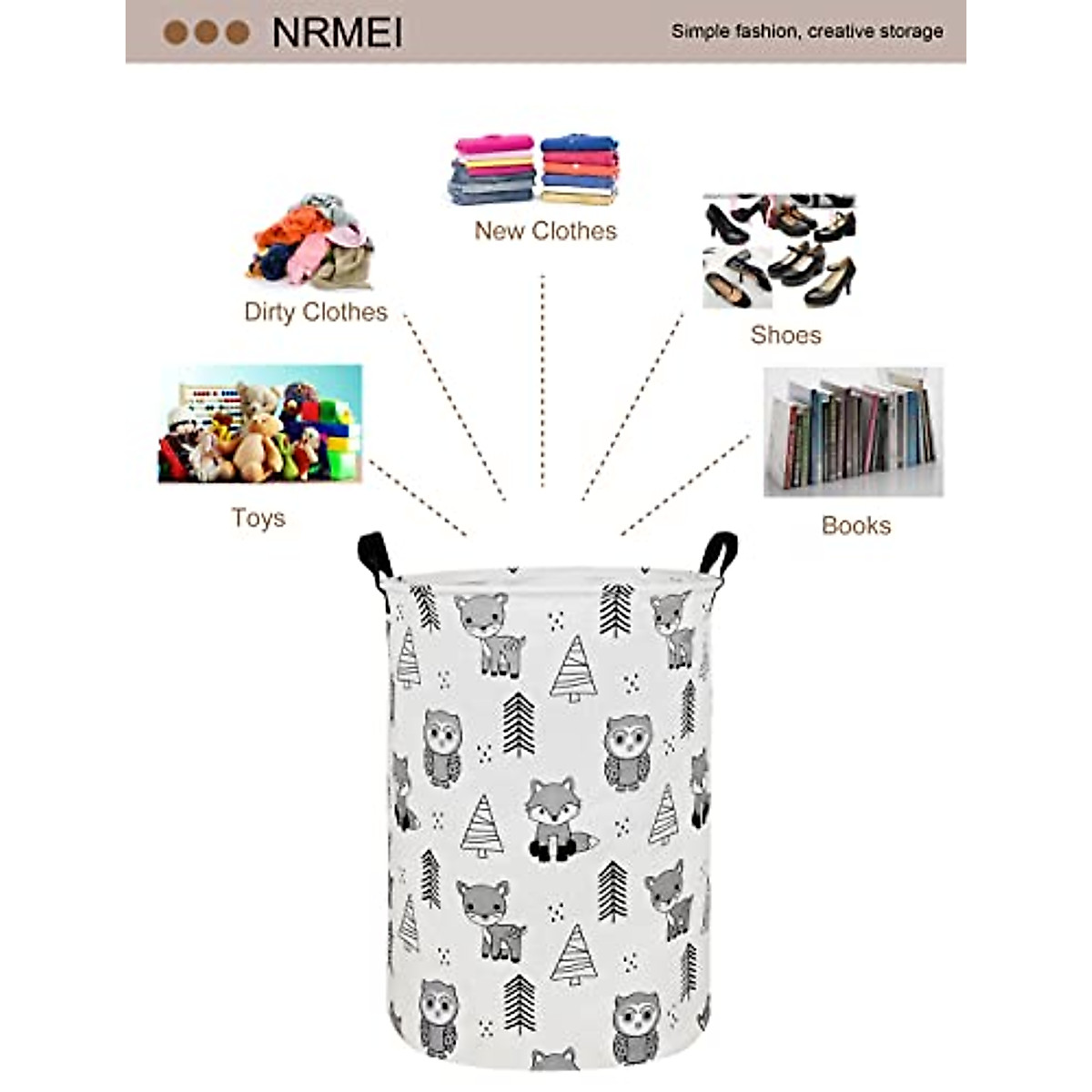 NRMEI Round Storage Basket Laundry Foldable Waterproof Coating Nursery Hamper for Living Room Bedroom and Clothes Toys(Round Pine Animal), 19.7 In H x 15.7 D inches, inches