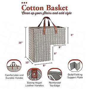 Stair Basket w/Chevron Pattern - Cotton Basket for Stairs w/Leather Handles - Staircase Basket & Storage Bins with Handles - Home Organizer - Convenient Stairs Basket Organizer - 16.1” x 10.2” x 15.7”