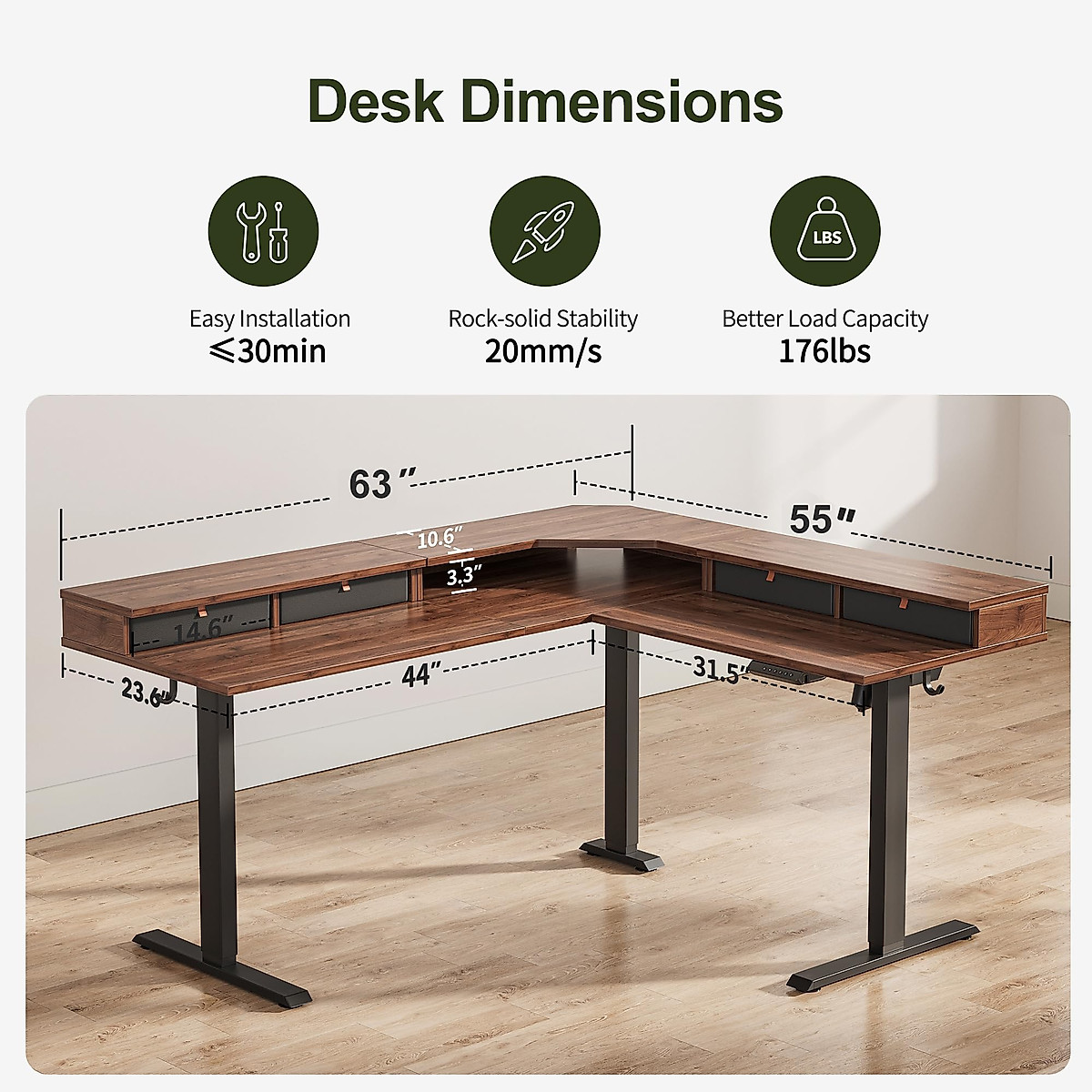 BANTI 63" L-Shaped Electric Standing Desk,Height Adjustable Stand up Desk with 3 Drawer,Corner Stand up Desk, Black Walnut Top