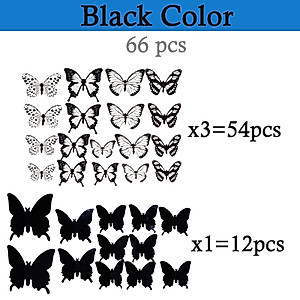 Ewong 3D Butterfly Wall Decor - 66Pcs Black Butterfly Decoration Party Cake Decorations - Removable Waterproof Butterfly Wall Decal Birthday Home Room Decor Bathroom Bedroom Sticker & Murals