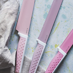 Navaris Knives and Peeler Set - 5 Stainless Steel Kitchen Knife & 1 Ceramic Blade Peeler - Pastel Colour Set with Bread Knife, Paring Knife and More