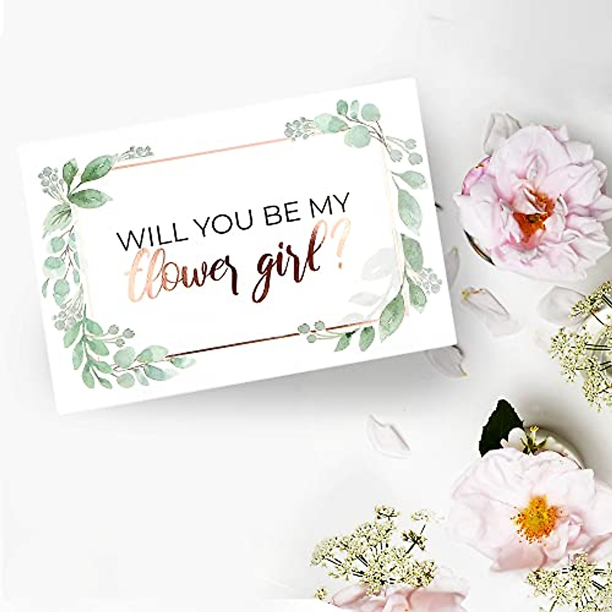 Pop Fizz Designs Flower Girl Proposal Box Set {2 Pack} I Will You Be My Flower Girl? | Flower Girl Box for Flower Girl Gifts | Eucalyptus Style with Rose Gold Foil