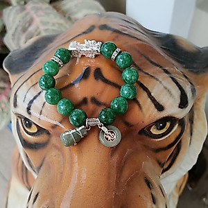 Thai Jade Bracelet Women Good Luck Ring Chain Feng Shui Bracelets Xiu Pi Yao Chinese Dragon Attract Good Luck Wealth Jewelry Adjustable Elastic PNH01456 Green/Silver/Light Green Length 6.00''