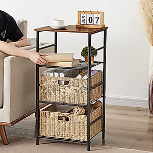 VECELO Tall End/Side Table with 2 Wicker Basket Storage Shelf Telephone Stand for Living Room, Bathroom, Bedroom, Office, Entryway, Easy Assembly, 3-Tier, Brown
