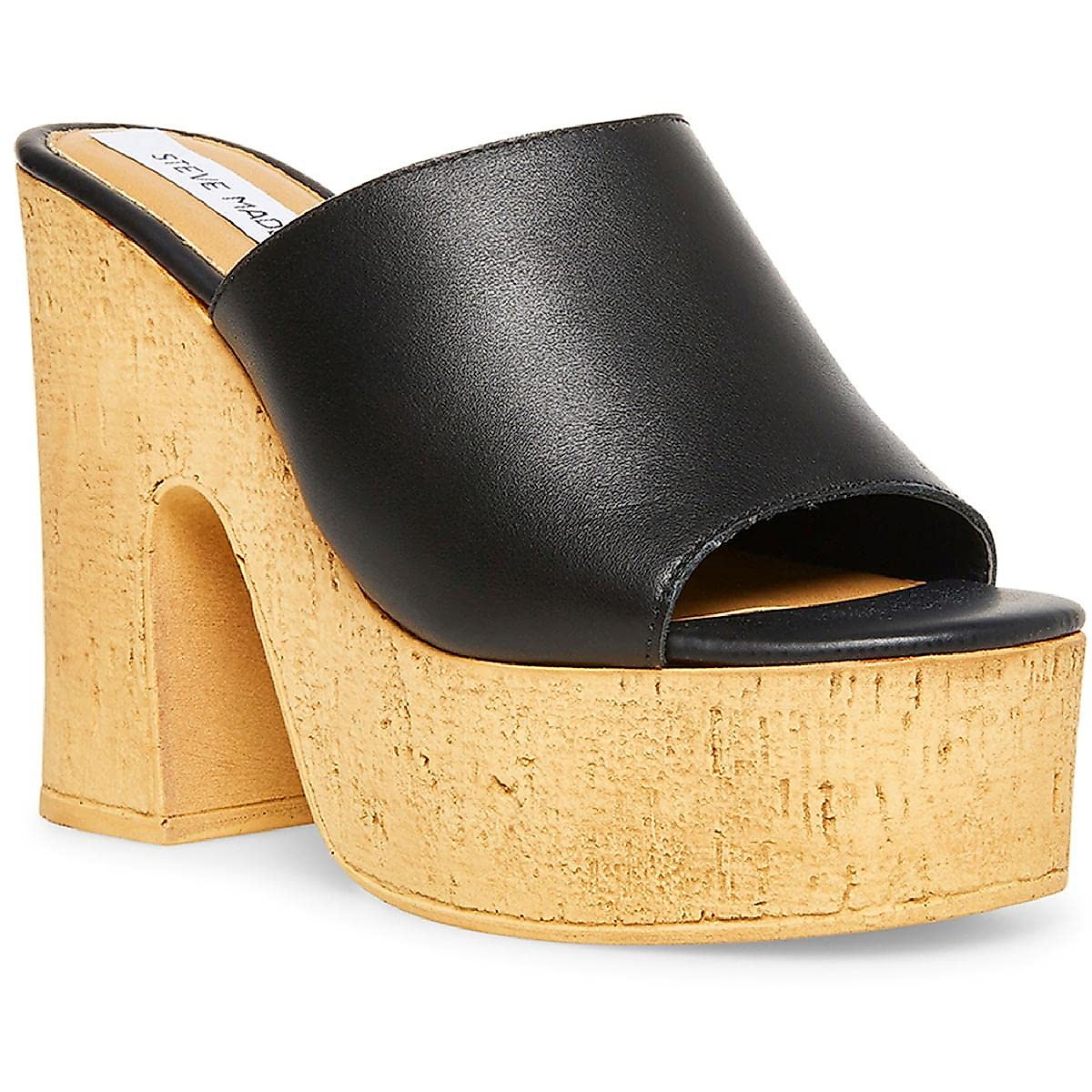 Steve Madden Womens Mardi Leather Cork Platform Sandals Black 9 Medium (B,M)