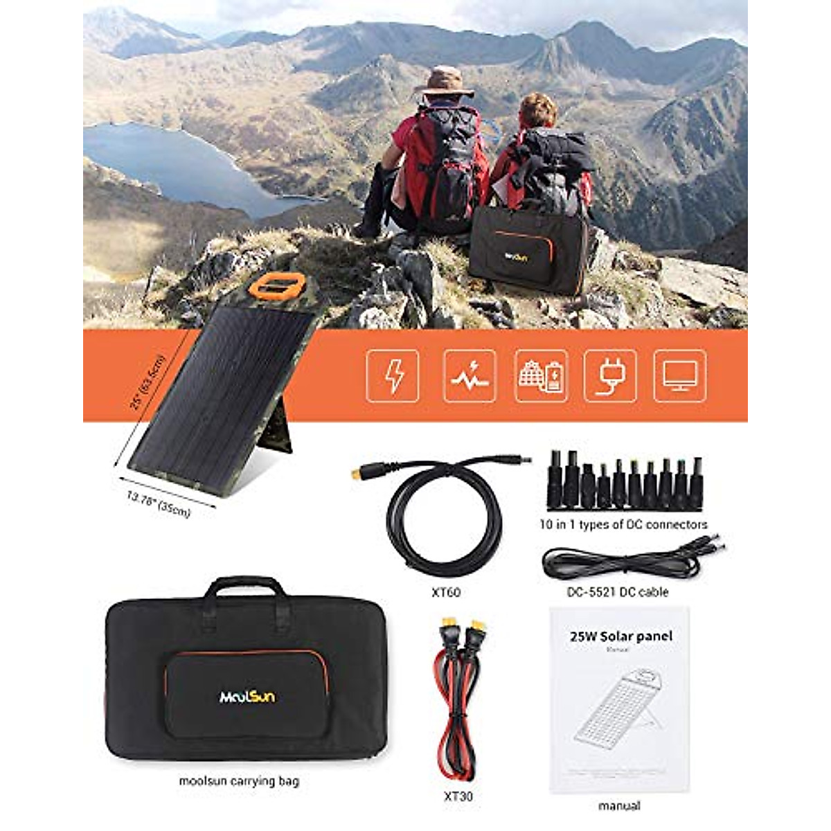 MOOLSUN 100W Solar Panel Power, Support 2-4 Parallel Power Increase(100w Max) High Output Performance Light Strength Sensor XT60 DC USB Portable Waterproof Monocrystall Solar Panel kit for Camping RV