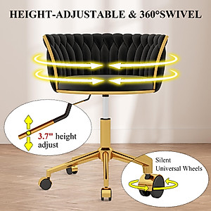 GOOLON Velvet Desk Chair, Modern Office Chair with Wheels, Home Swivel Vanity Armchair with Woven Back Comfy Height Adjustable Seat Sturdy Golden Metal Rolling Base for Makeup Bedroom, Black
