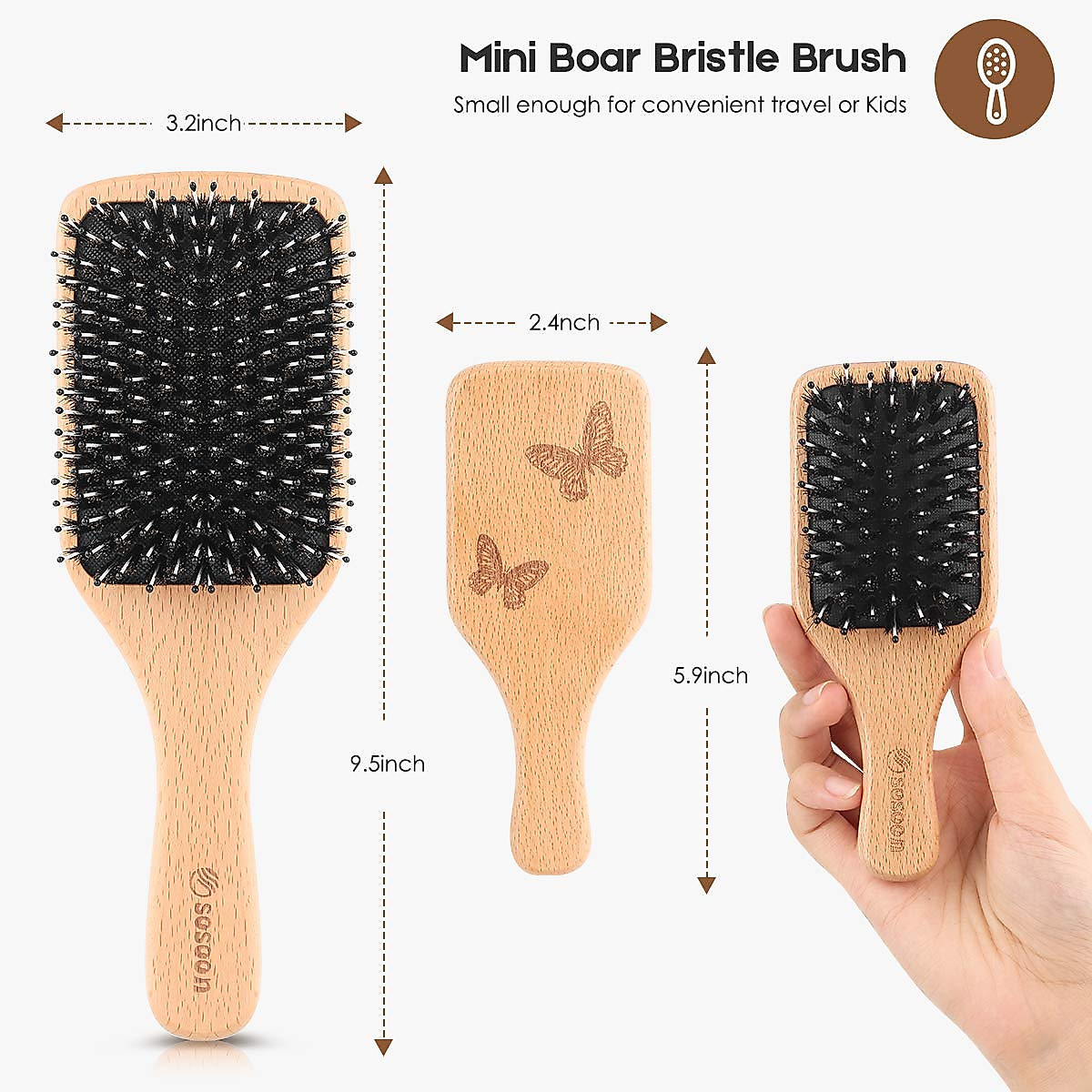 Hair Brush, 2 Pack Boar Bristle Paddle Hairbrush for Women Men Kids Reducing Frizzy, No More Tangle, Small Travel Brush Tail Comb & Giftbox Included