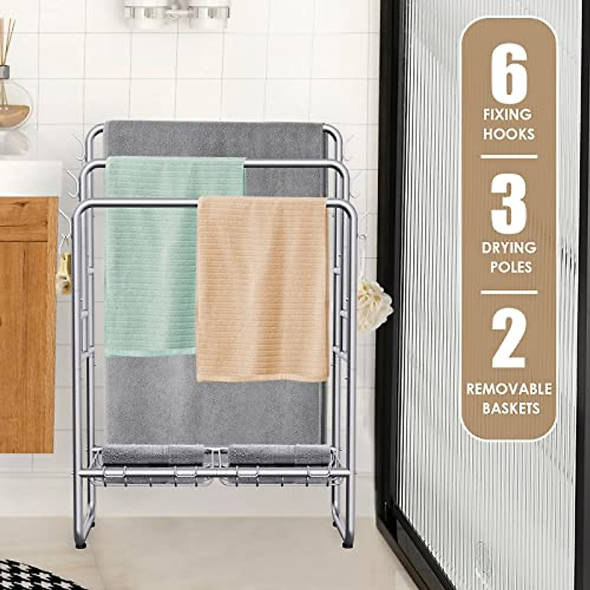 40" H Standing Towel Rack with 2 Storage Baskets & 6 Hooks, 3 Tier Silver Metal Towel Holder for Extra Large Towel, Modern Industrial Blanket Ladder Display and Drying Rack for Bedroom Bathroom
