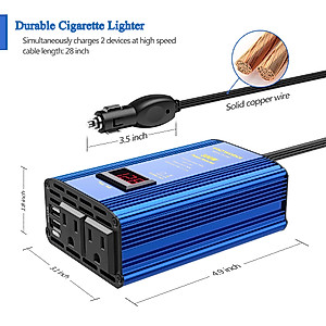 Power Inverter 300W Car Inverter DC 12V to 110V AC Converter with LED Display & 2x2.4A Dual USB Car Adapter Charger by VOLTWORKS Blue