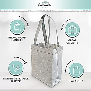 Silver Gift Bags - 12 Pack Small Silver Reusable Gift Bag Tote with Handles, Glitter Metallic Bling Shimmer, Eco Friendly for Kids Birthdays, Bridesmaids, Party Favors, Grocery Shopping - 6x3x8