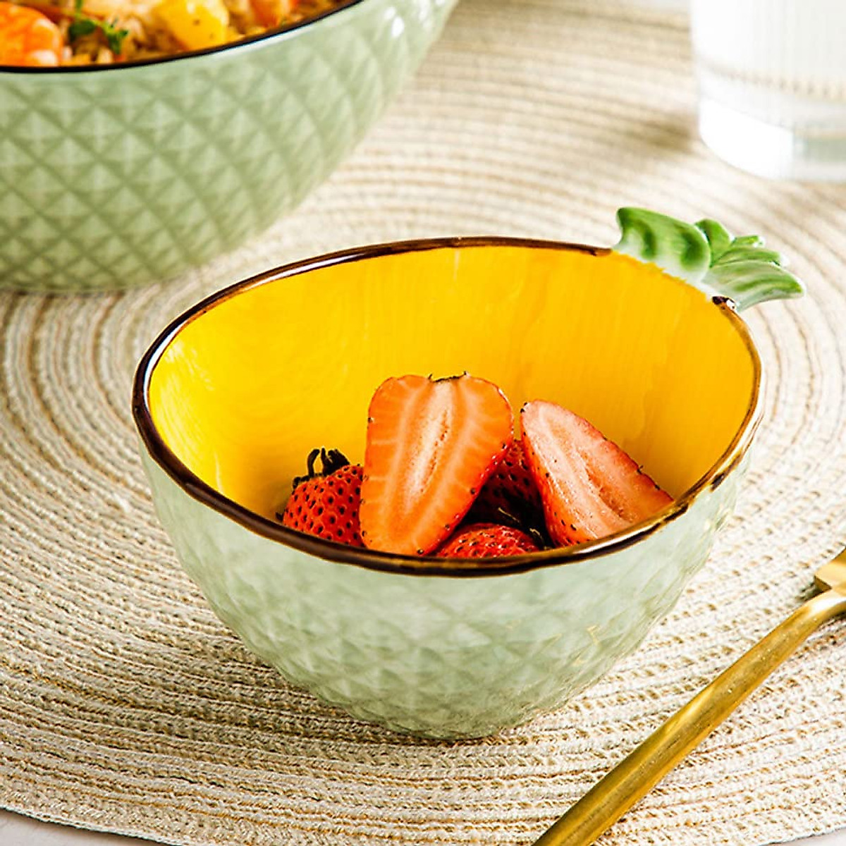SEWACC Ceramic Hawaiian Pineapple Bowl: 2pcs Tropical Theme Porcelain Soup Oatmeal Cereal Stew Dessert Bowl Salad Pasta Rice Yoghurt Condiments Side Dishes Dip Ramen Noodle Plate
