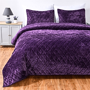 Fredsure Distressed Velvet Quilt Set, 3 Pieces Purple Queen, Distressed Velvet Face and Brushed Microfiber Reverse with Diamond Quilting