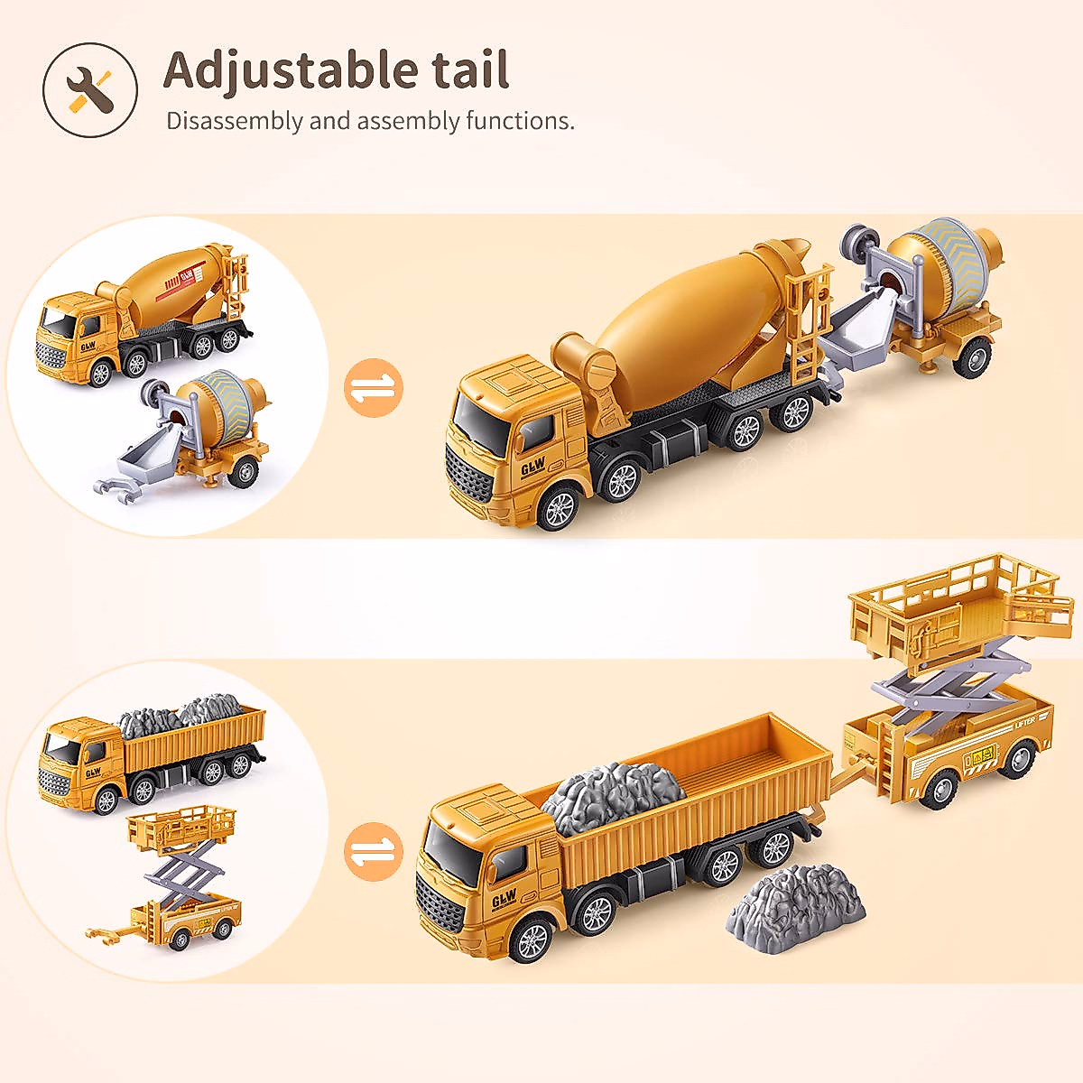 Geyiie Construction Vehicles Truck Toys, Engineering Truck Die Cast Alloy Truck Head, Tractor Trailer Excavator Dump Loader Cement Forklift Sandbox Gift for Toddlers Kids 3 4 5 6 Year Old Boy