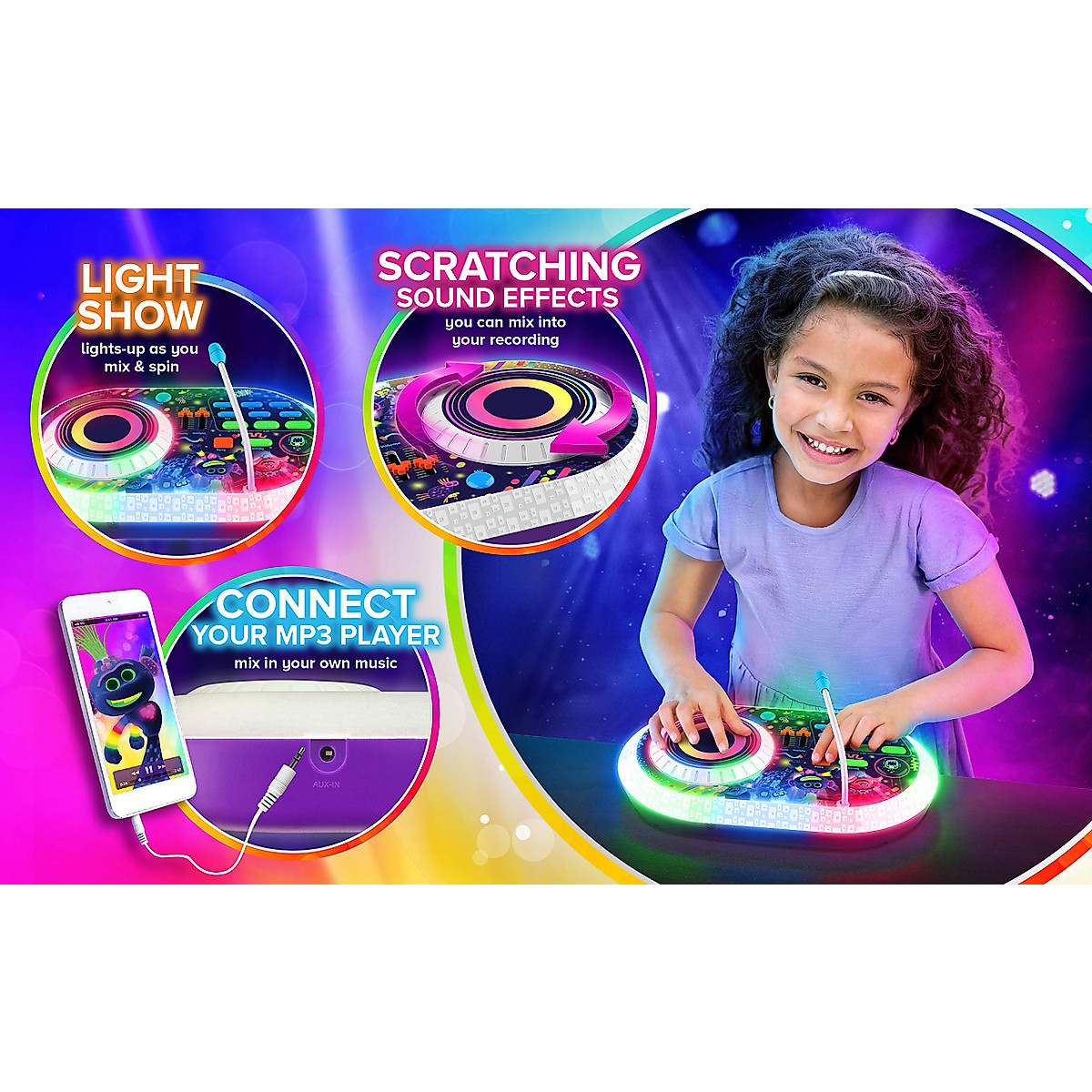 eKids Trolls World Tour DJ Trollex Party Mixer Turntable Toy for Kids Toddler Children, Built in Microphone, Record, Sound Effects, LED Light Show Medium