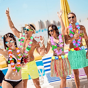 Elcoho 36 Pack Hawaiian Party Decorations Set Including 12 Pack Hawaiian Grass Skirt 12 Pack Luau Leis Necklaces and 12 Pack Hawaiian Temporary Tattoos for Luau Party Supplies