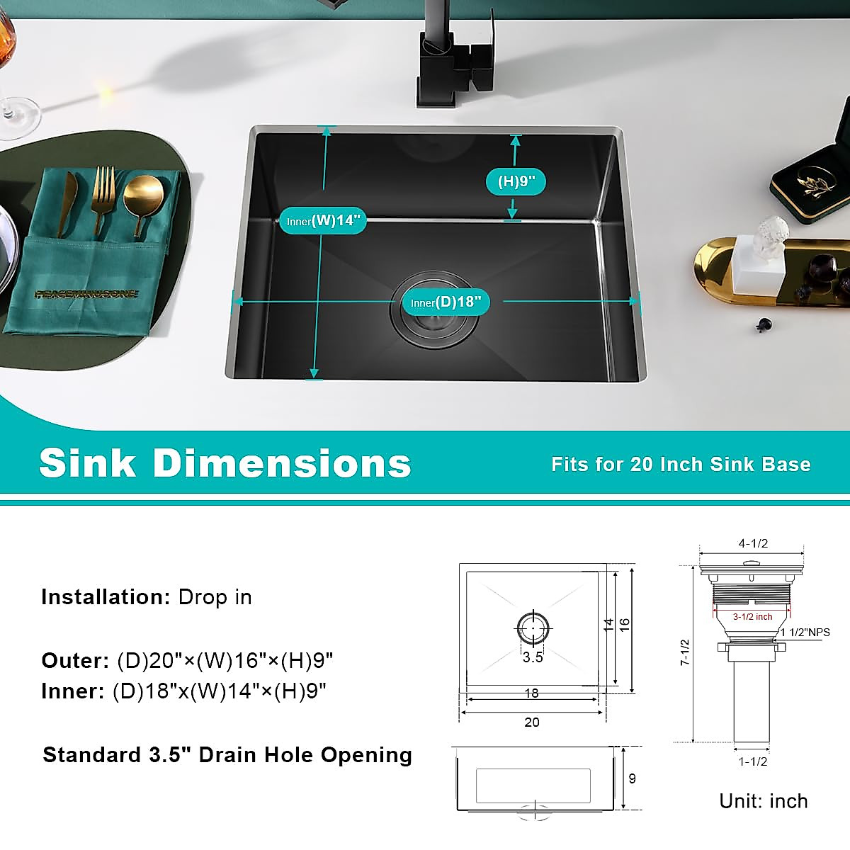 TSIBOMU 20 x 16 Inch Undermount Kitchen Sink, 304 Stainless Steel Single Bowl Small Kitchen Bar Sink Undermount, Brushed Nickel