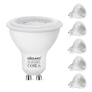 DiCUNO GU10 LED Bulbs 5W Daylight White, 6000K, 500lm, 45 Degree Beam Angle, Spotlight, 50W Halogen Bulbs Equivalent, Non-dimmable MR16 LED Light Bulbs, 6-Pack