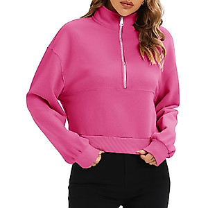 Artfish Womens Cropped Sweatshirts Half Quarter Zip Pullovers Long Sleeve Crop Tops Workout Gym Hoodies Hot Pink S