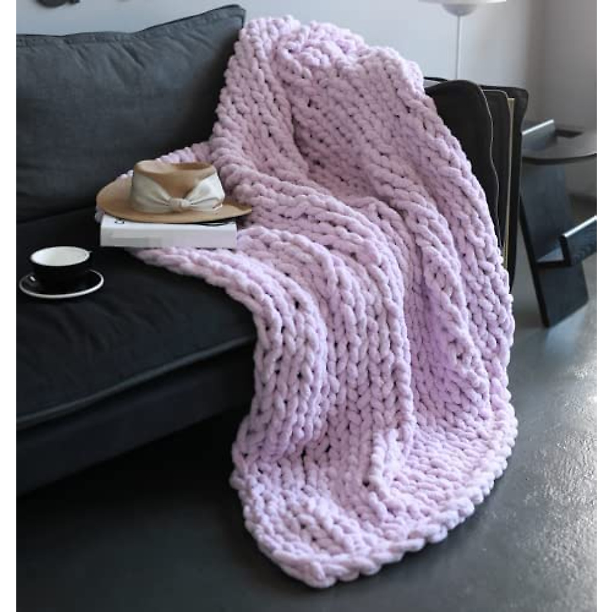 Victusphia Chunky Knit Blanket Throw Chenille Knitted Yarn Throw Blanket for Couch & Bed Fall Decor Large Soft Comfy Cable Blankets & Throws Purple Lavender 50"x60"