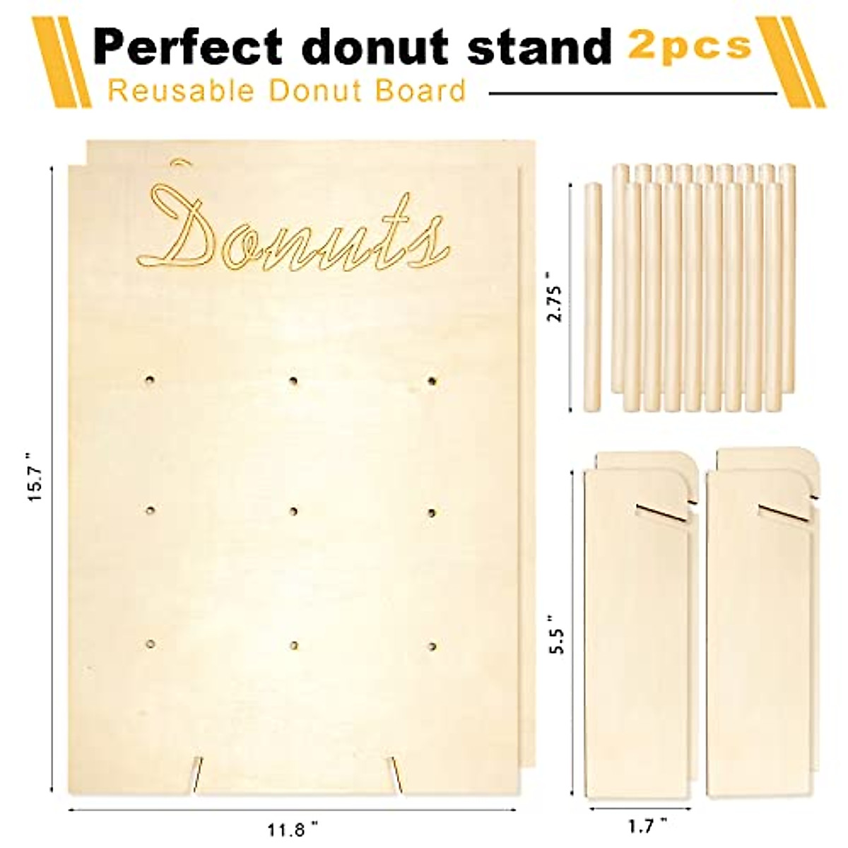 ULENDIS 2 Pack Donut Wall Display Stand Wooden, Reusable Donut Holder Board Fits 18 Doughnuts, Doughnut Food Buffet Display for Wedding Baby Showers Birthday Gathering Party Decorations and More