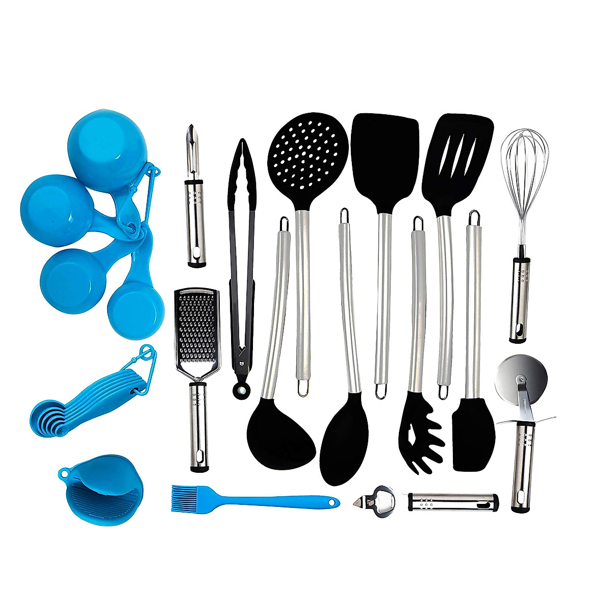 Kitchen Cooking Utensils Set Silicone with Stainless Steel handle Includes Cooking Spoon Spatula Tong Turner Whisk Ladle For Nonstick Cookware Dishwasher Safe BPA-Free