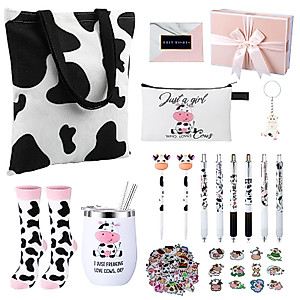 Aliceset 66 Pcs Cow Gift Set Cow Stuff Cow Tote Bags Cosmetic Purse 20 oz Stainless Steel Cow Print Tumbler Cute Cow Socks Keychain Stickers Box Cow Pen for Graduation Teachers Gifts Cow Lover Gifts