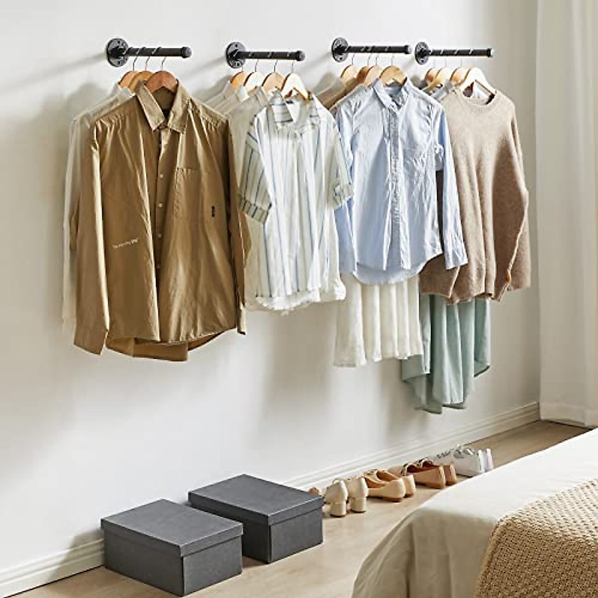 IBUYKE 4 Pcs 12 Inch Industrial Pipe Clothes Bar, Multifunctional Wall Mounted Clothes Rail, Heavy Duty Rustic Wall Mounted DIY Shelving Brackets, for Bedroom Bathroom, Black TYJ004H