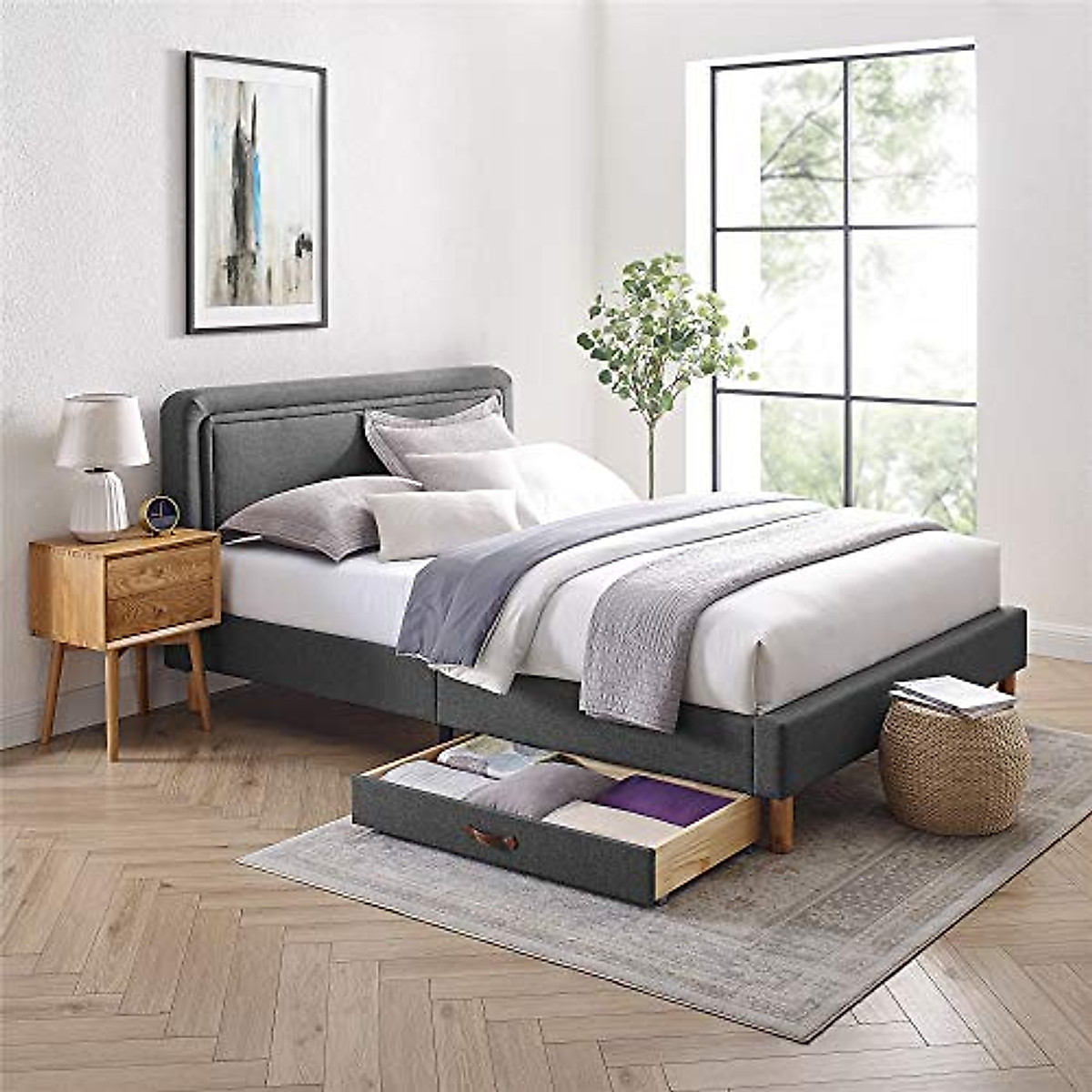 MUSEHOMEINC Upholstered Solid Wood Under Bed Storage Drawer with 4-Wheels for Bedroom/Leather Handle,Wooden Underbed Storage Organizer,Suggested for Twin and Full Size Platform Bed